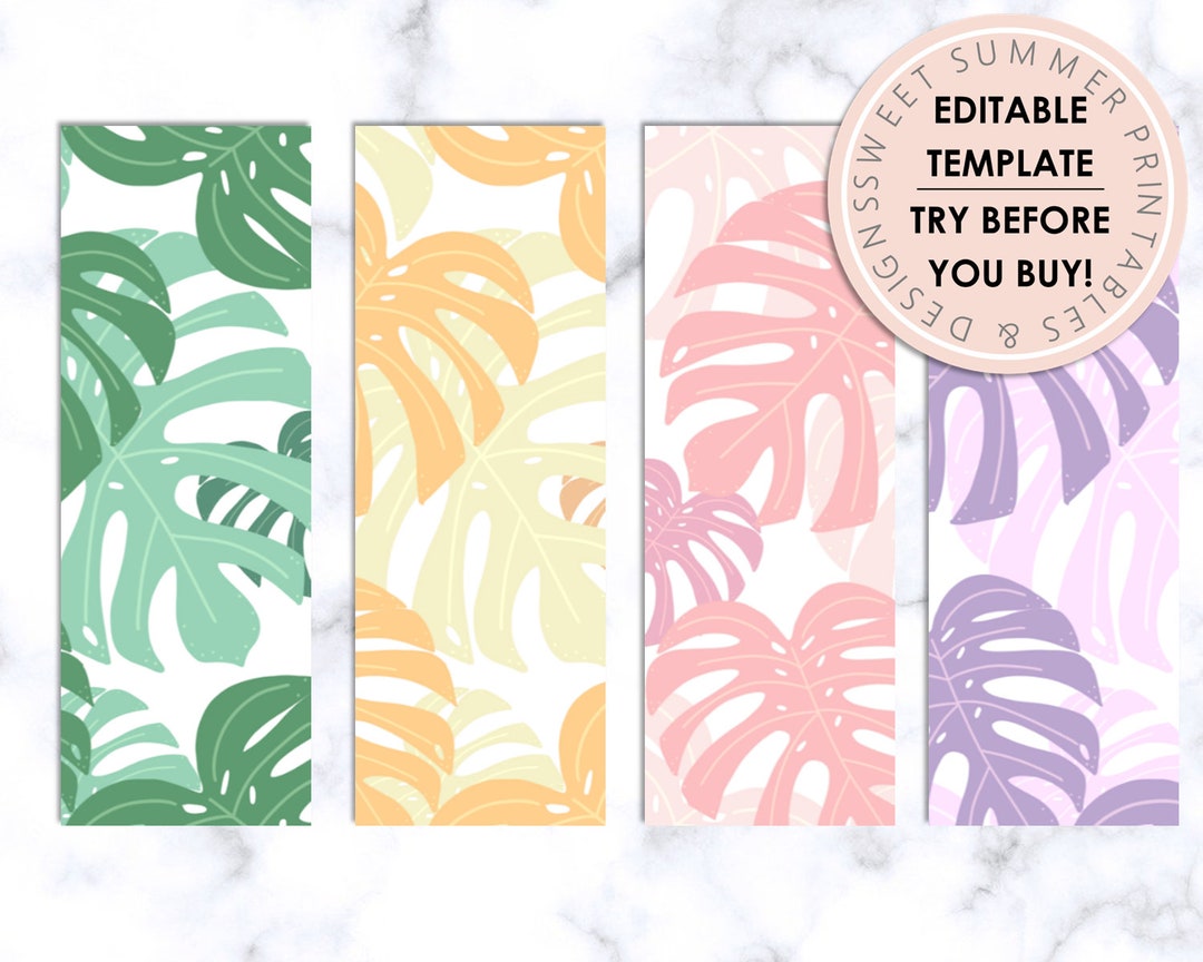 Pastel Monstera Editable Printable Bookmark, Floral Bookmark, Bookmark ...