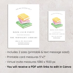 Watercolor Books Book Club Printable Invitation Template, Book Club ...