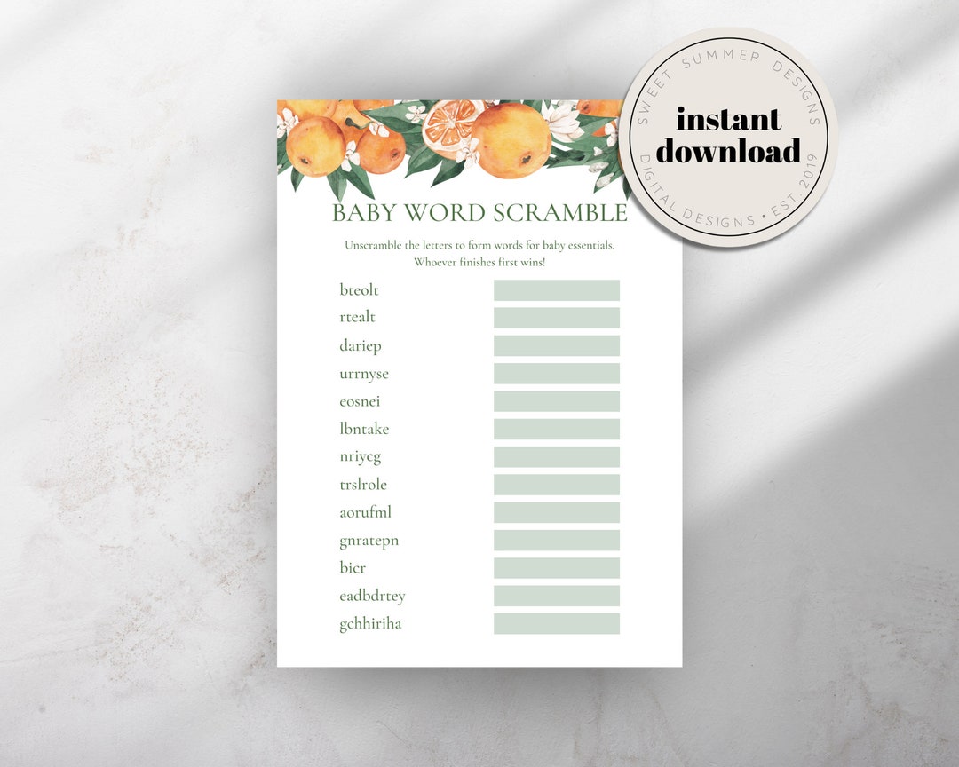Citrus Baby Shower Baby Word Scramble Game Printable, Shower Game ...