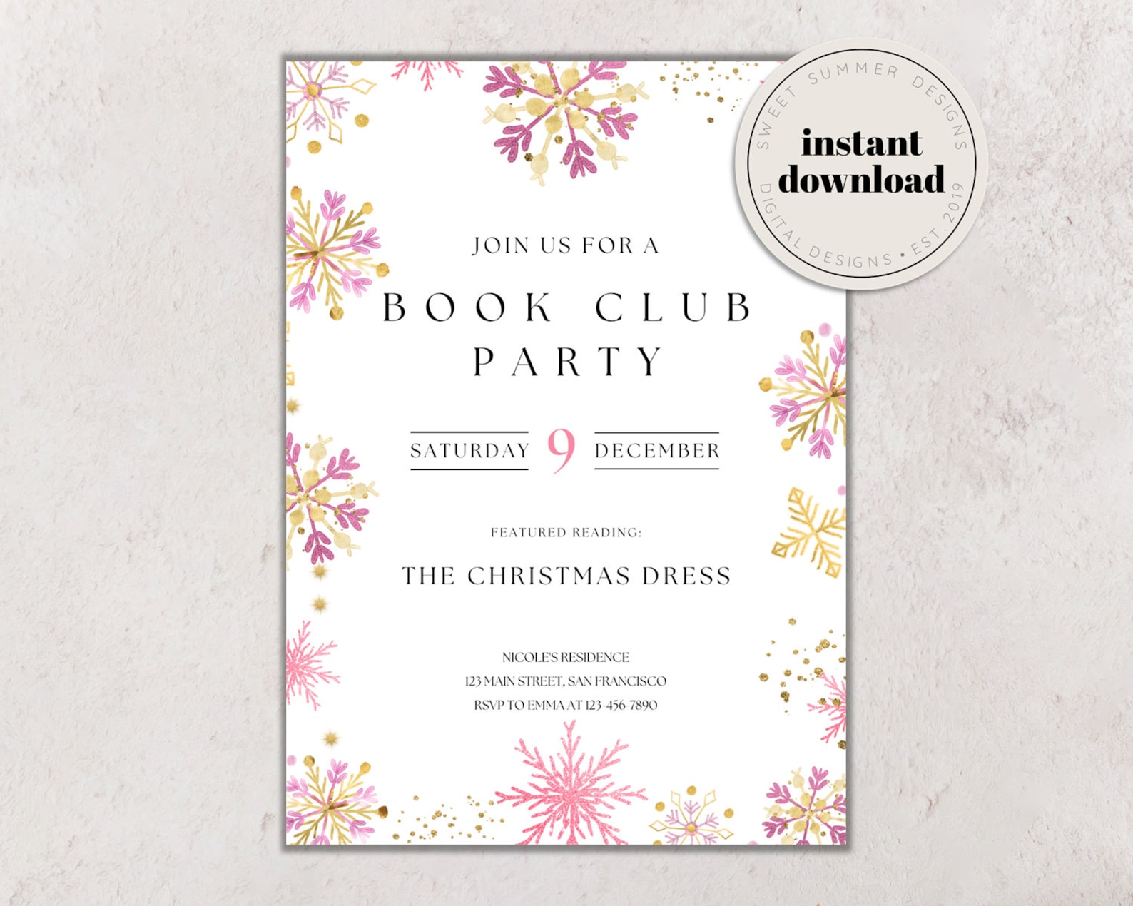 Pink Snow Book Club Printable Invitation Template, Book Club Party ...