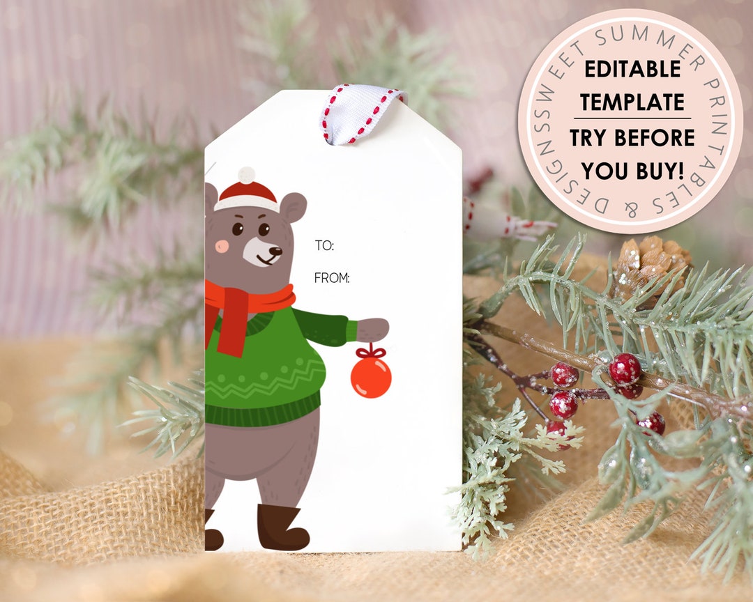 Winter Bear Script Gift Tag Printable, Editable Christmas Gift Tag ...