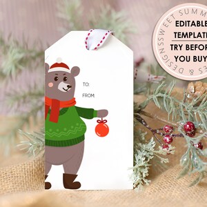 Winter Bear Script Gift Tag Printable, Editable Christmas Gift Tag ...