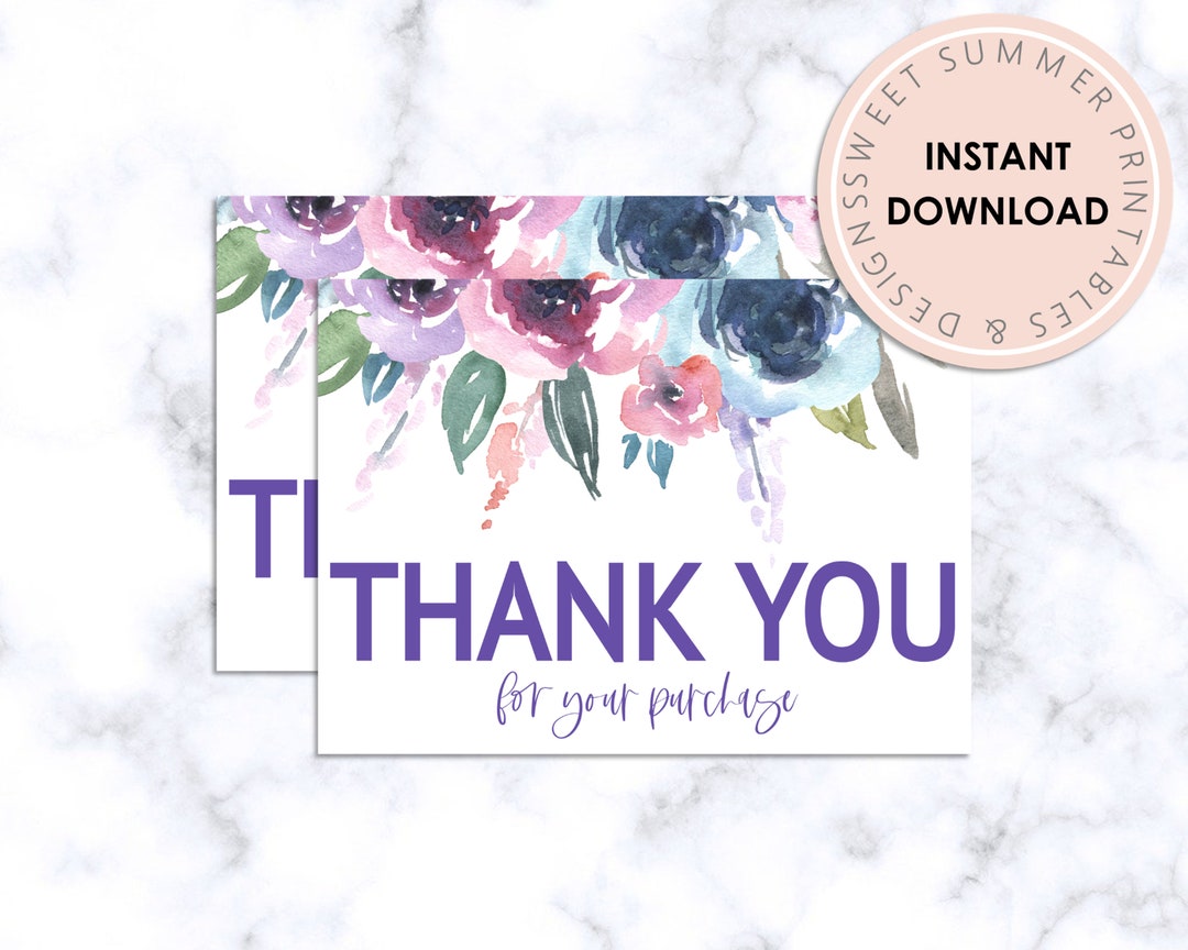 Purple Floral Thank You Card Printable, Printable Thank You Card ...