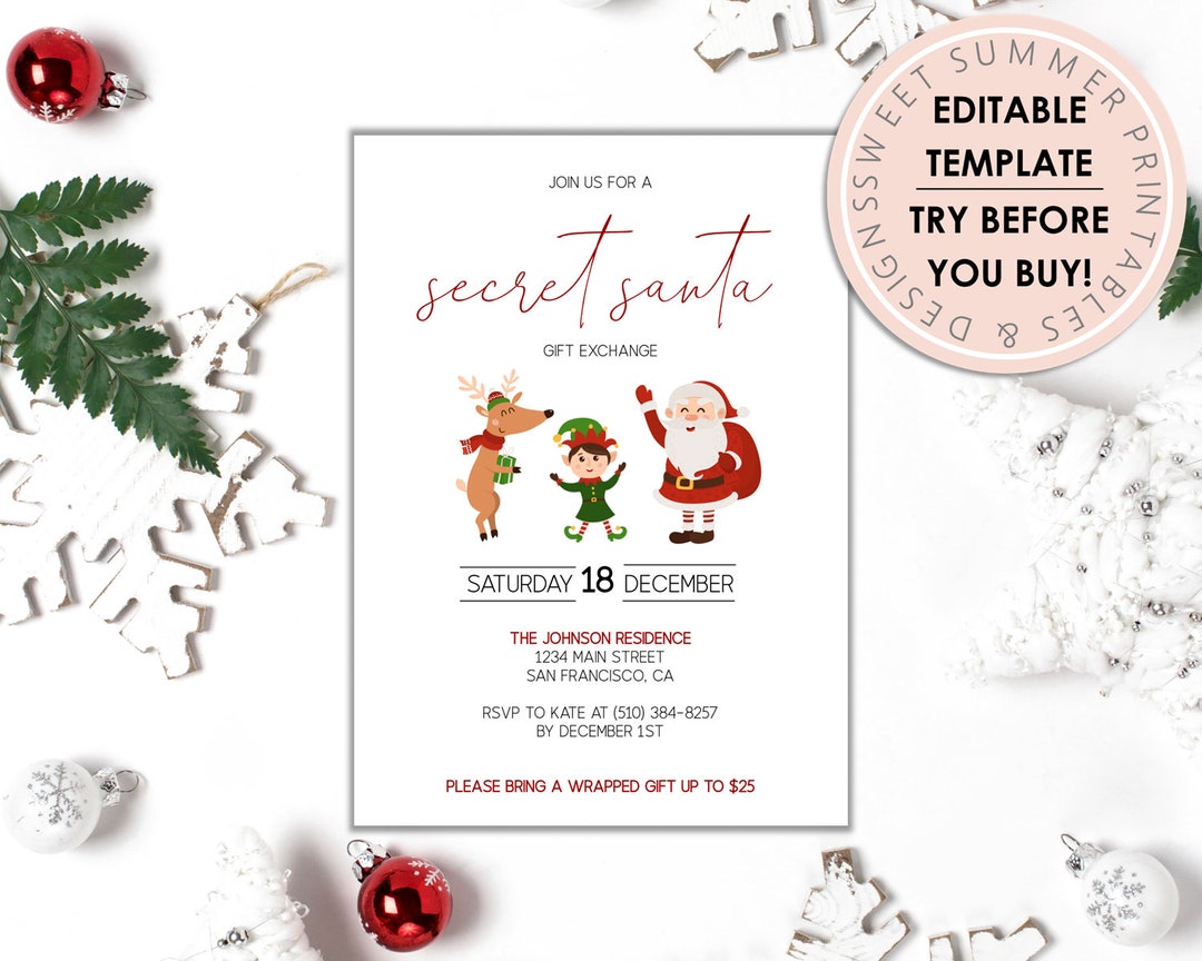 Secret Santa Friends Printable Gift Exchange Invitation, Holiday ...