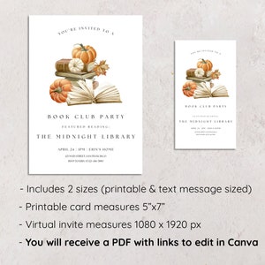 Fall Book Club Printable Invitation Template, Book Club Party ...