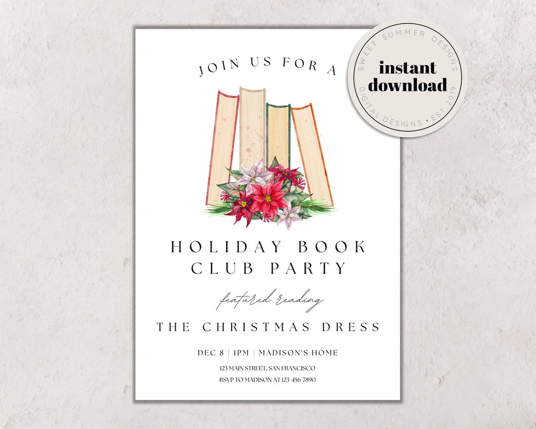 Holiday Book Club Printable Invitation Template, Book Club Party Invite ...
