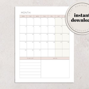 Blank Monthly Planner Printable, Blank Monthly Calendar Printable ...