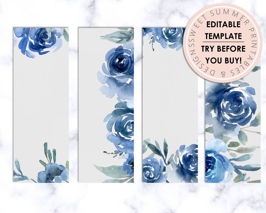 Watercolor Blue Floral Editable Printable Bookmark, Floral Print ...
