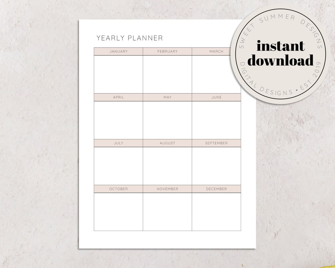 Blank Yearly Planner Printable Blank Yearly Calendar - Etsy