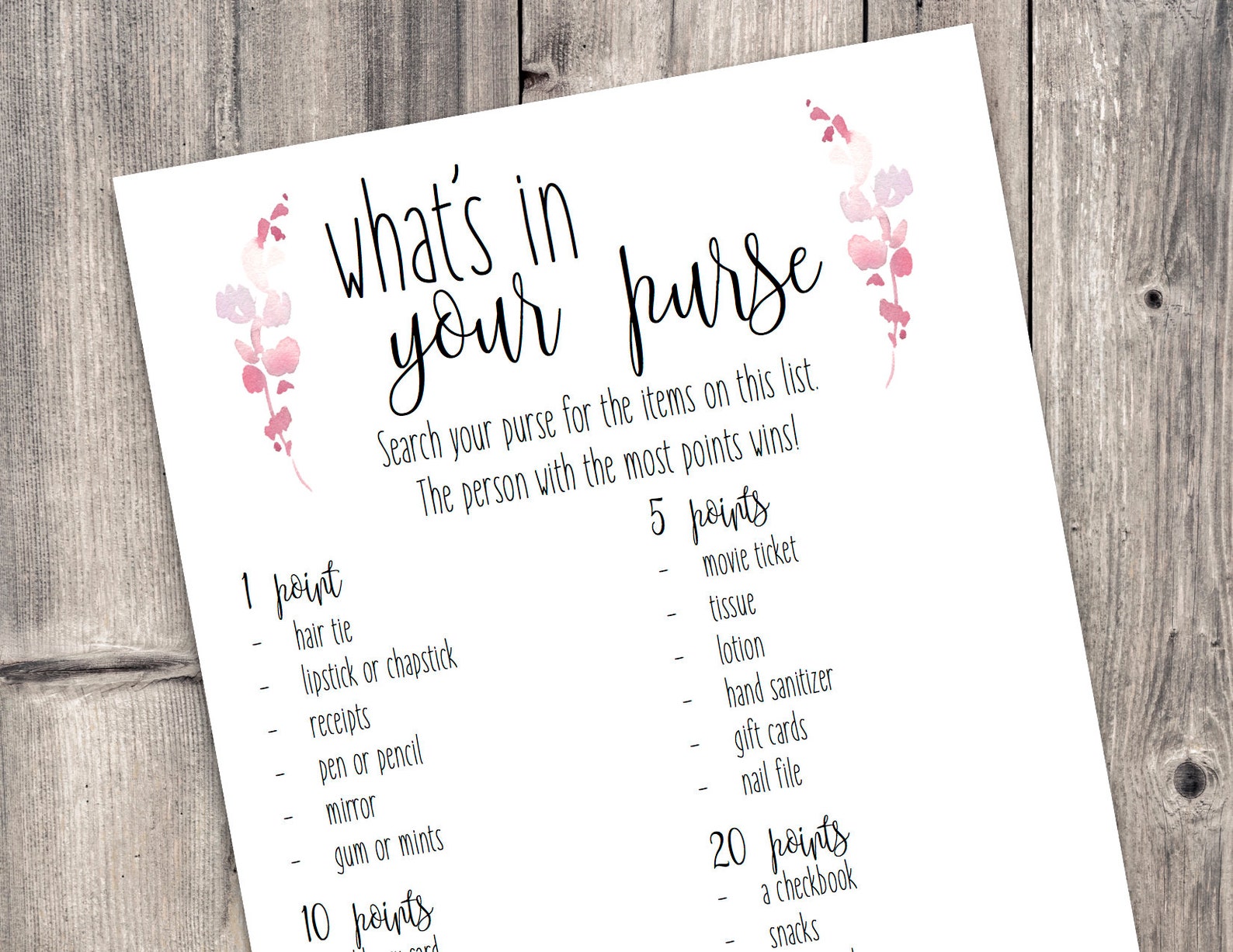 What's in Your Purse Game, Bridal Shower Game Printable, Purse ...