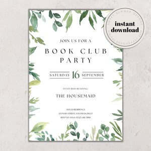 Eucalyptus Leaves Book Club Printable Invitation Template, Book Club ...