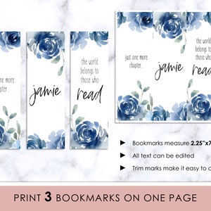 Blue Floral Quote Editable Printable Bookmark, Floral Bookmark ...