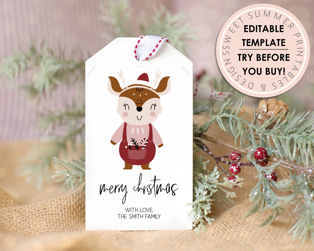 Happy Christmas Reindeer Gift Tag Printable, Editable Christmas Gift ...