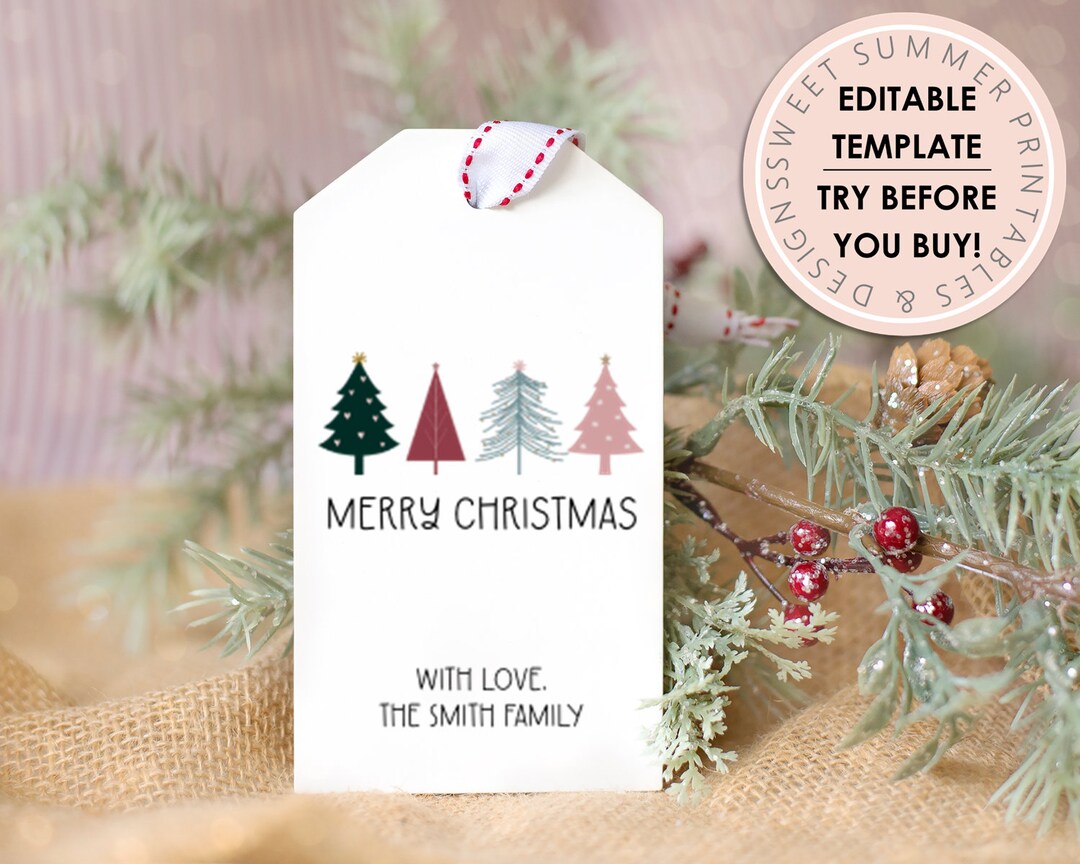 Boho Trees Christmas Gift Tag Printable, Editable Christmas Gift Tag ...