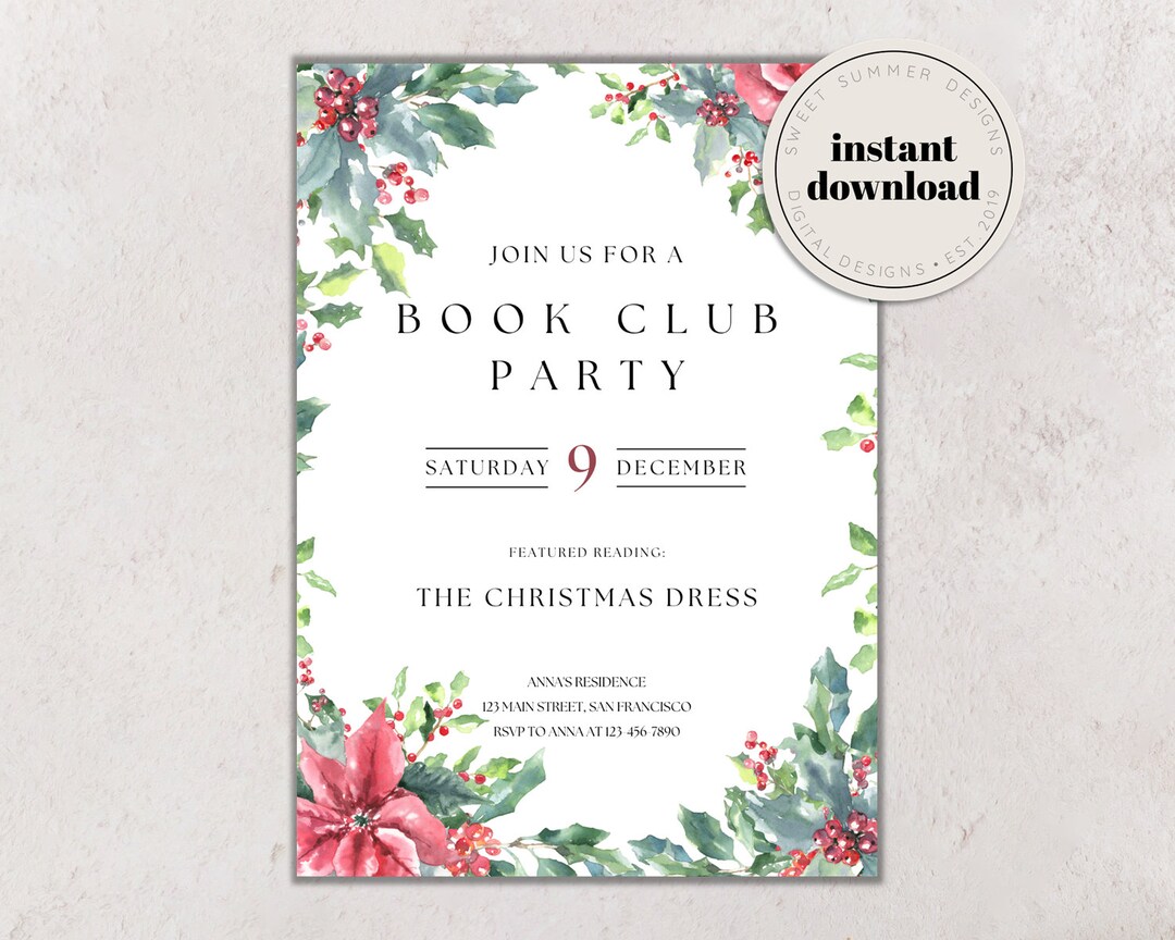 Holiday Floral Book Club Printable Invitation Template, Book Club Party ...