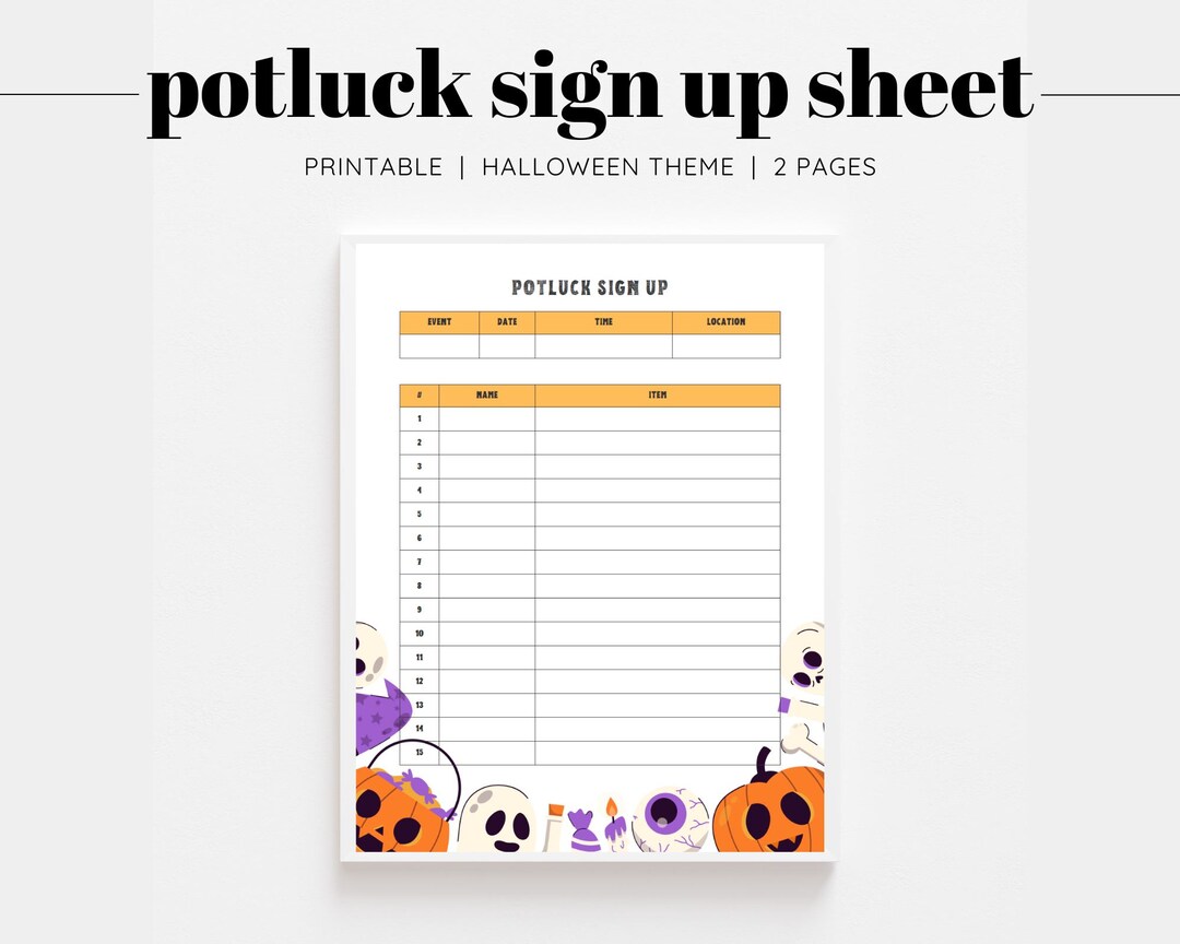 Halloween Party Sign up Sheet Printable, Halloween Potluck Sign up ...