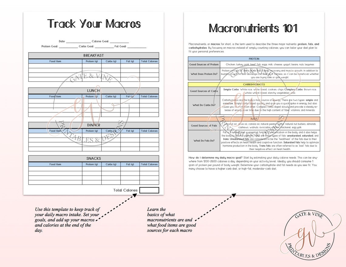 Daily Macro Tracker Macro Reference Sheets Daily Calorie | Etsy
