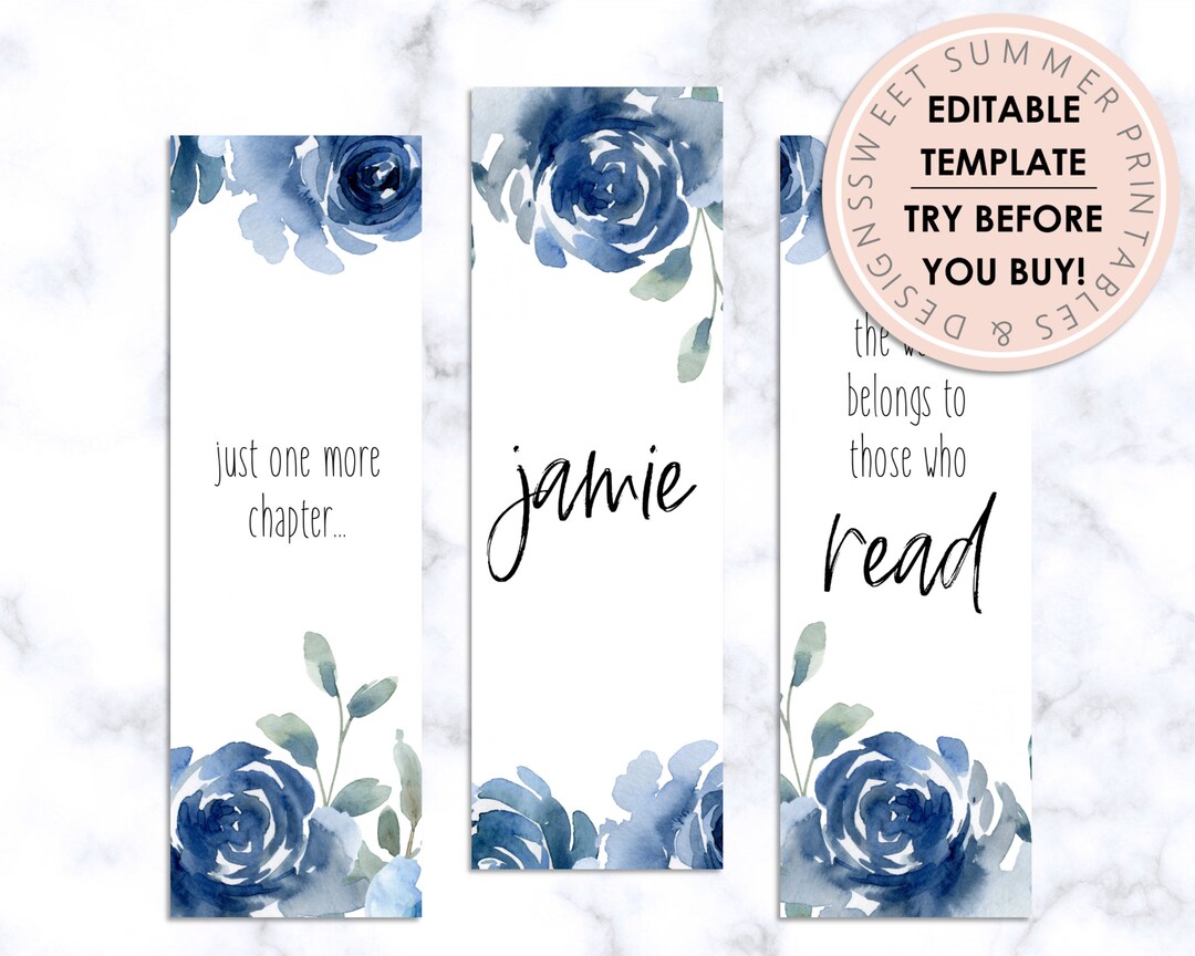 Blue Floral Quote Editable Printable Bookmark, Floral Bookmark ...