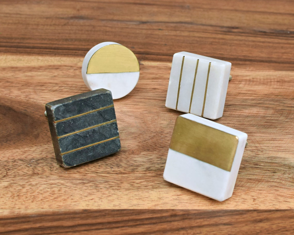 Marble Brass Stone Cabinet Door Knobs With Golden Brass Trim - Etsy