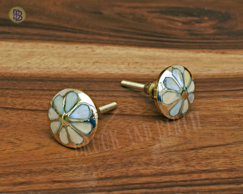Set of Mother of Pearl Brass Cabinet Drawer Knobs Brass - Etsy
