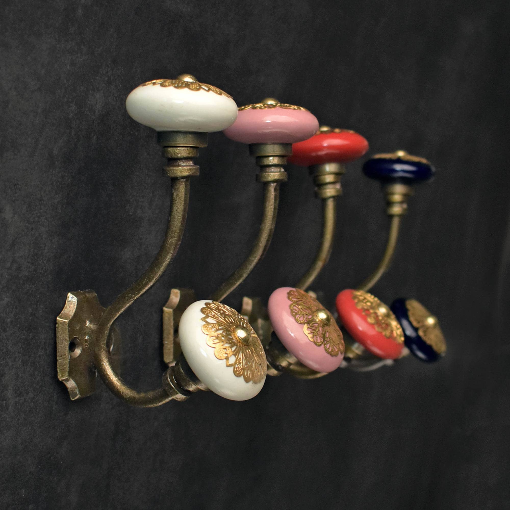 Ceramic Knobs Coat Hook Wall Hook With Brass Filigree Cast Iron Antique ...