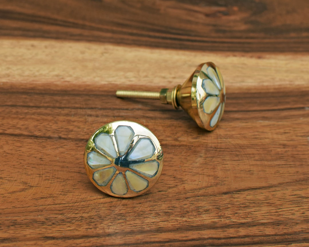 Decorative Mother of Pearl Drawer Knob and Pull, Brass Kitchen Cabinet ...