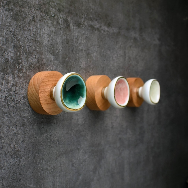 Handmade Wood Ceramic Wall Hooks Hangers Crackle Glass - Etsy