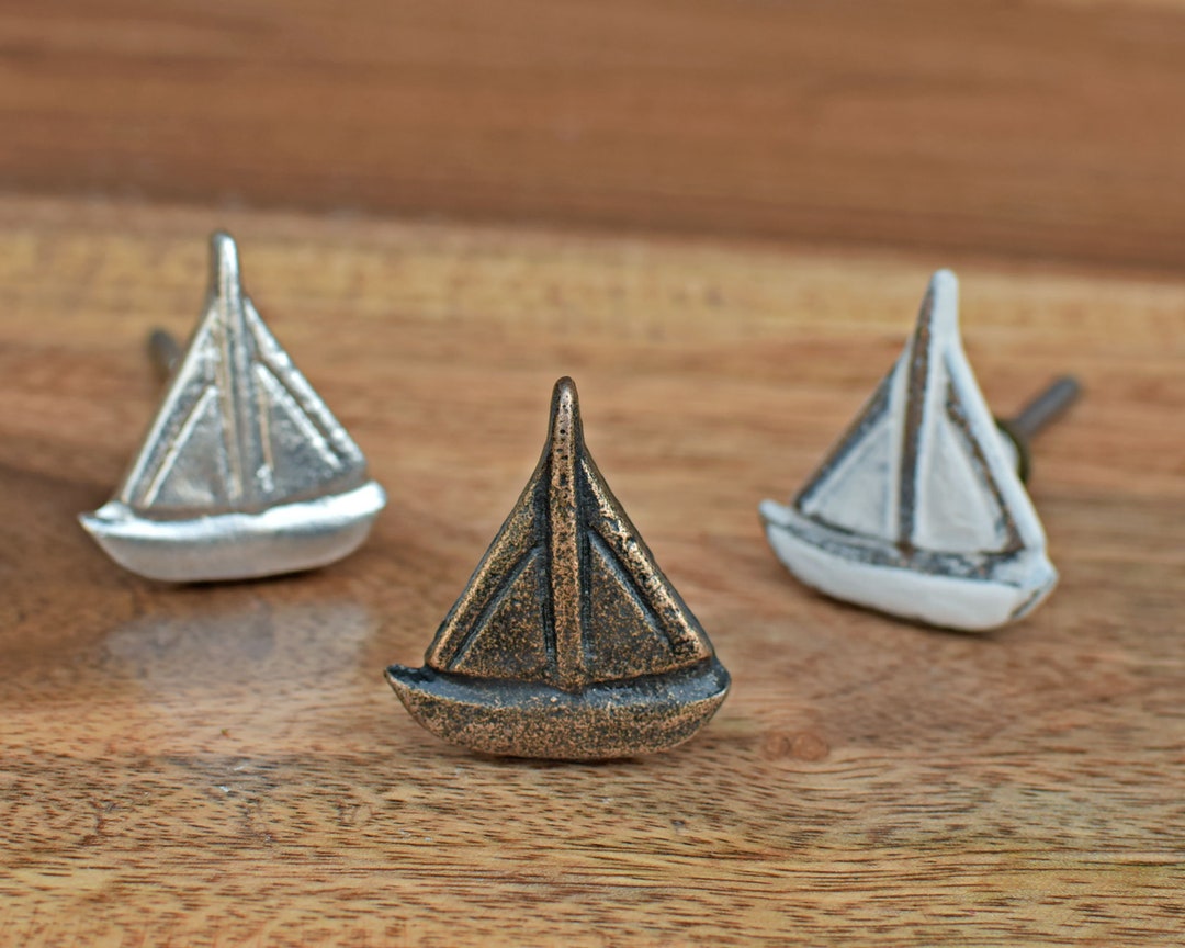 Set of Sailboat Cabinet Drawer Knob and Pull, Antique Brass Nautical ...