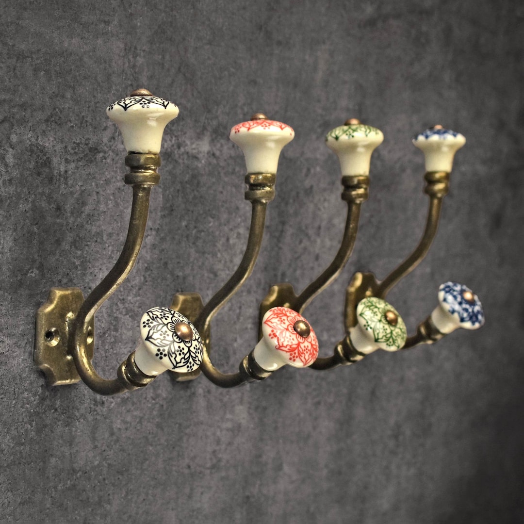 Cast Iron Coat Hook With Moroccan Ceramic Knobs Antique Wall Hook ...