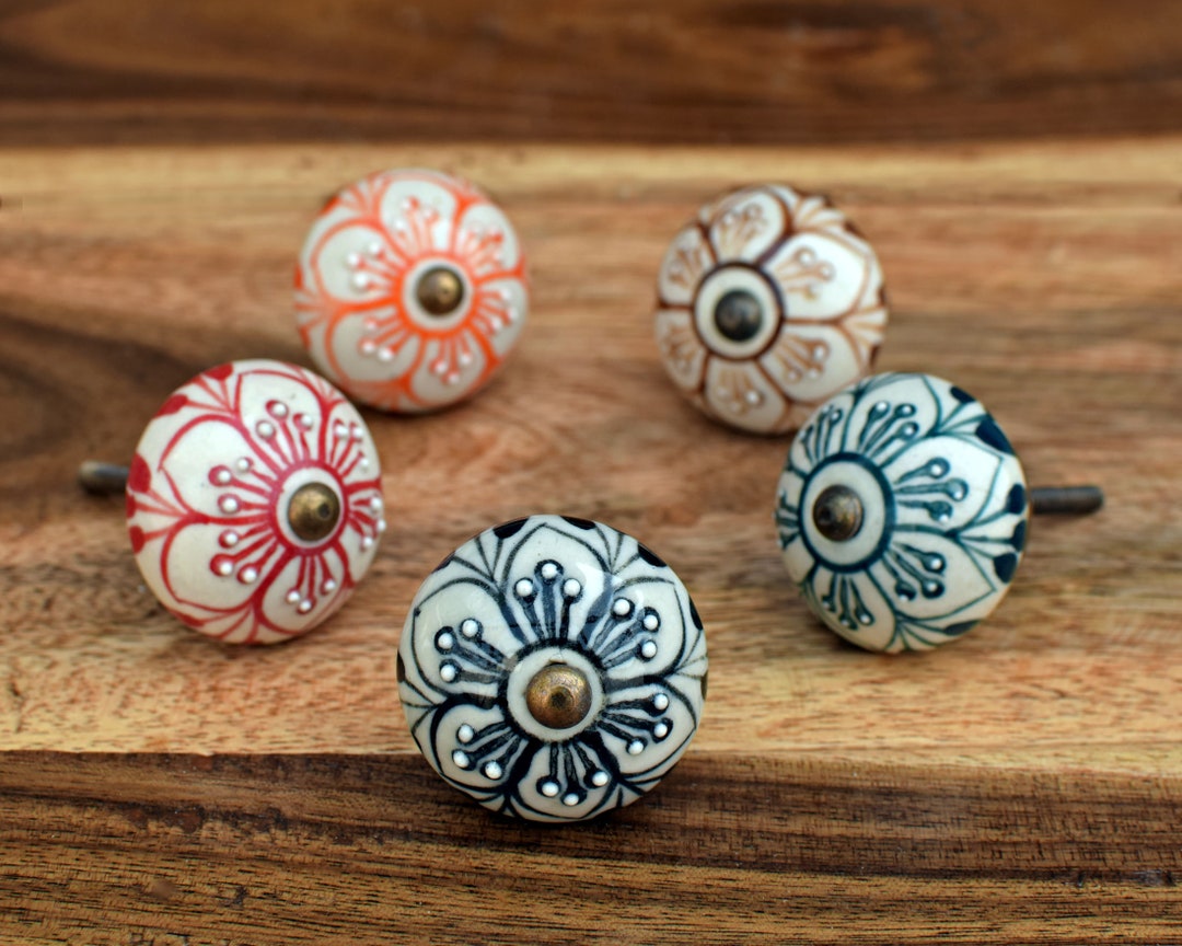 Set of Ceramic Cabinet Knobs, Drawer Pulls, Floral Ceramic Drawer ...