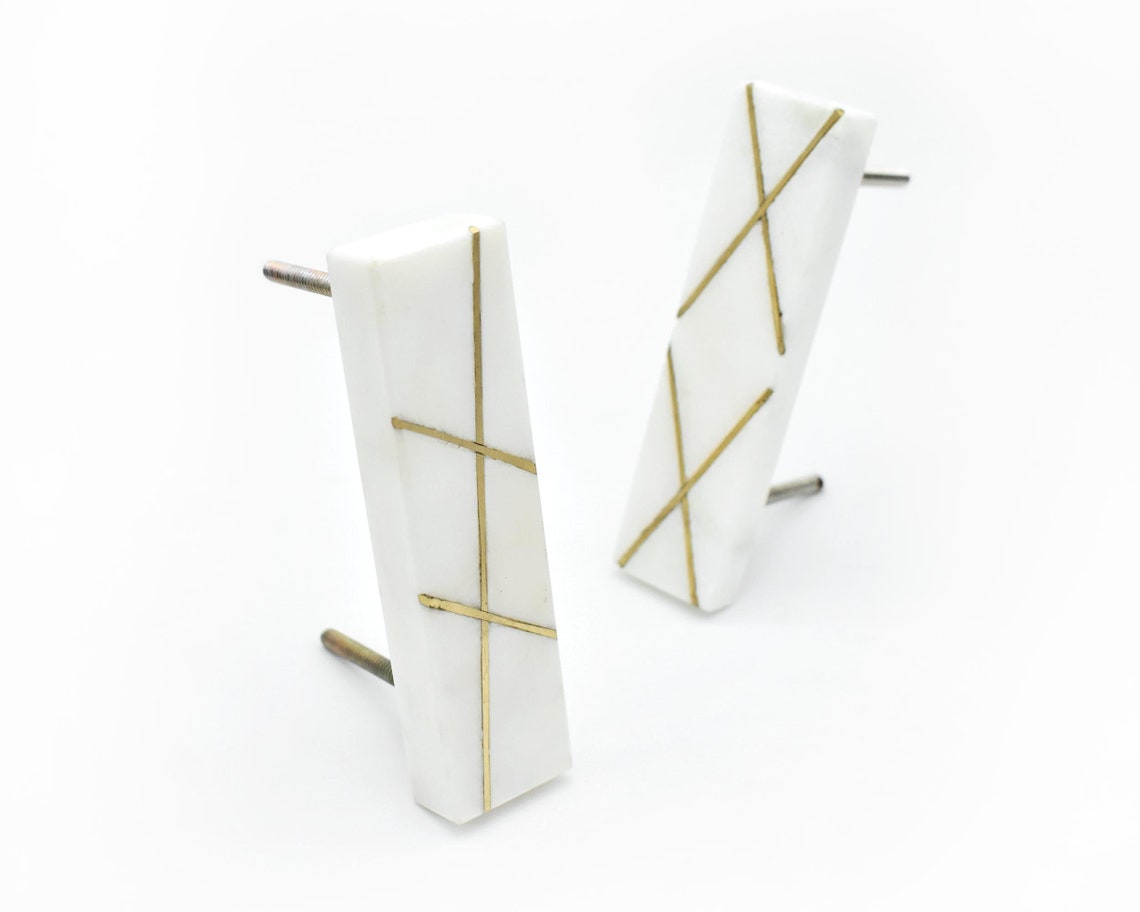 White Marble Brass Inlay Cabinet Door Handle Dresser Drawer - Etsy