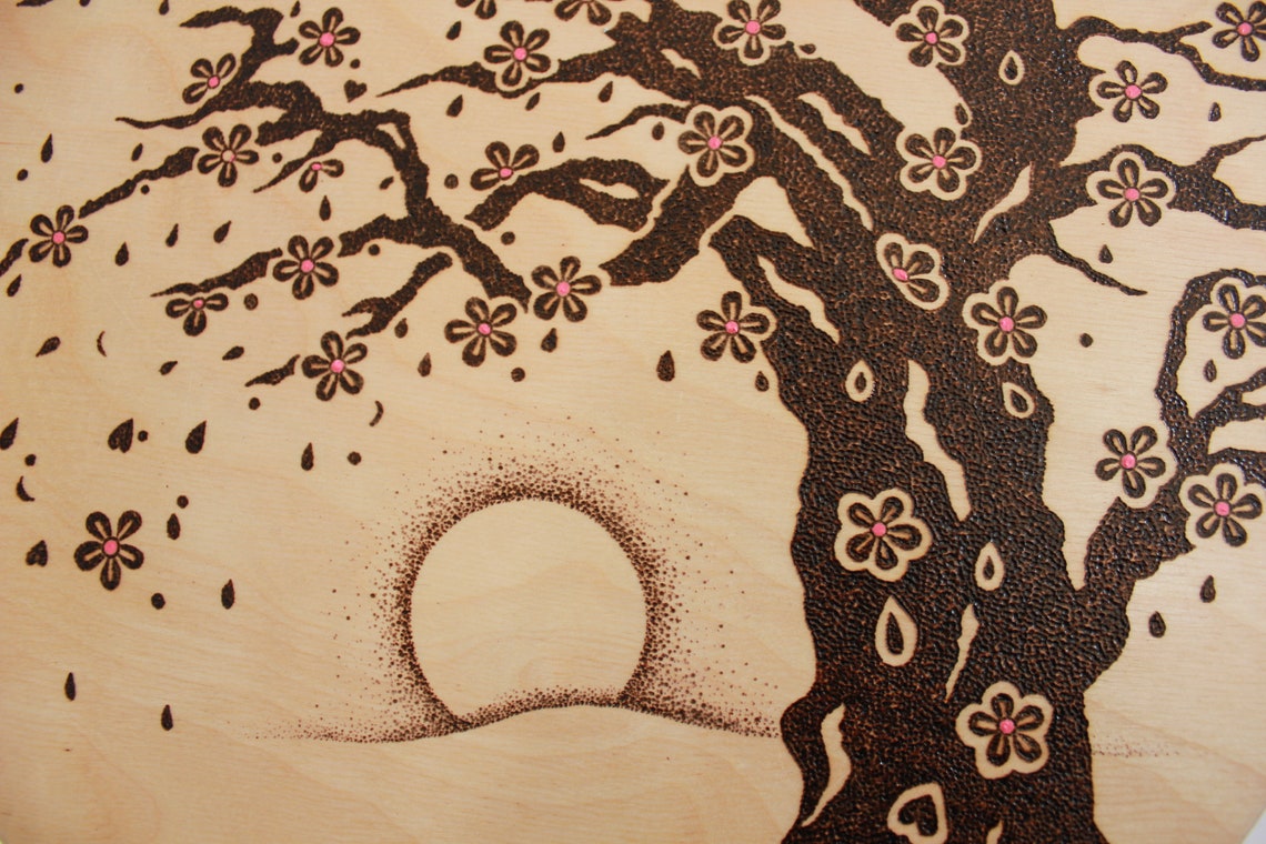 Pyrography Stool Coffee Table Japanese Sunset Blossom Tree | Etsy