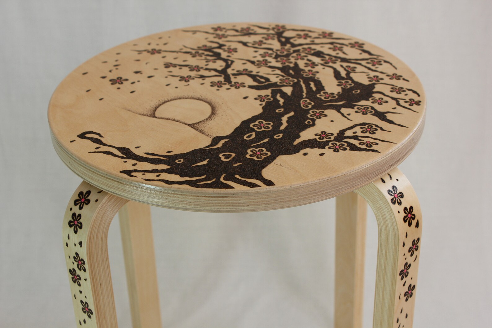 Pyrography Stool Coffee Table Japanese Sunset Blossom Tree - Etsy