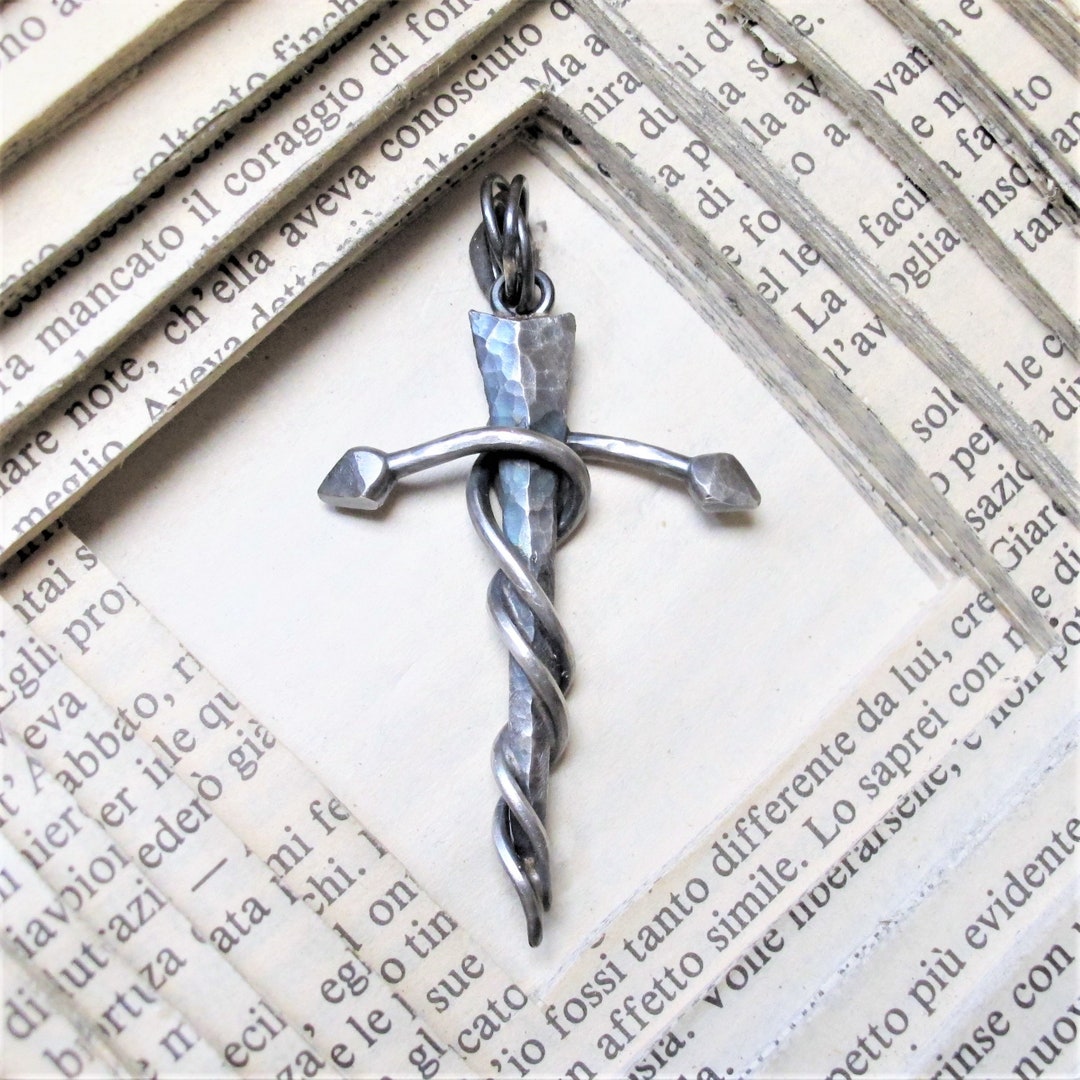 Pendant Man Cross Sword Vipers Silver Rustic Oxidized, Pendant Cross ...