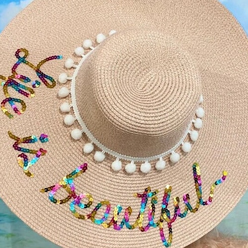 Personalized Custom Beach Floppy Multicolor Sequin Pom Pom Sun - Etsy