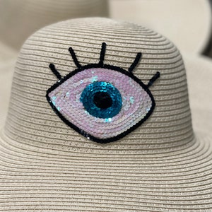 Evil Eye Brim Straw Sequin Floppy Hat - Personalized Floppy Summer Hat ...
