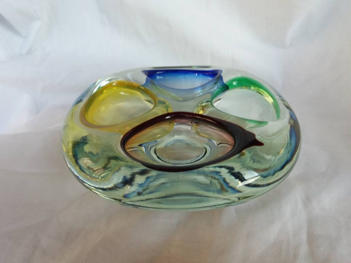 Vintage Romanian Glass Dish With Sectioned Quadrants. Coloured Glass ...