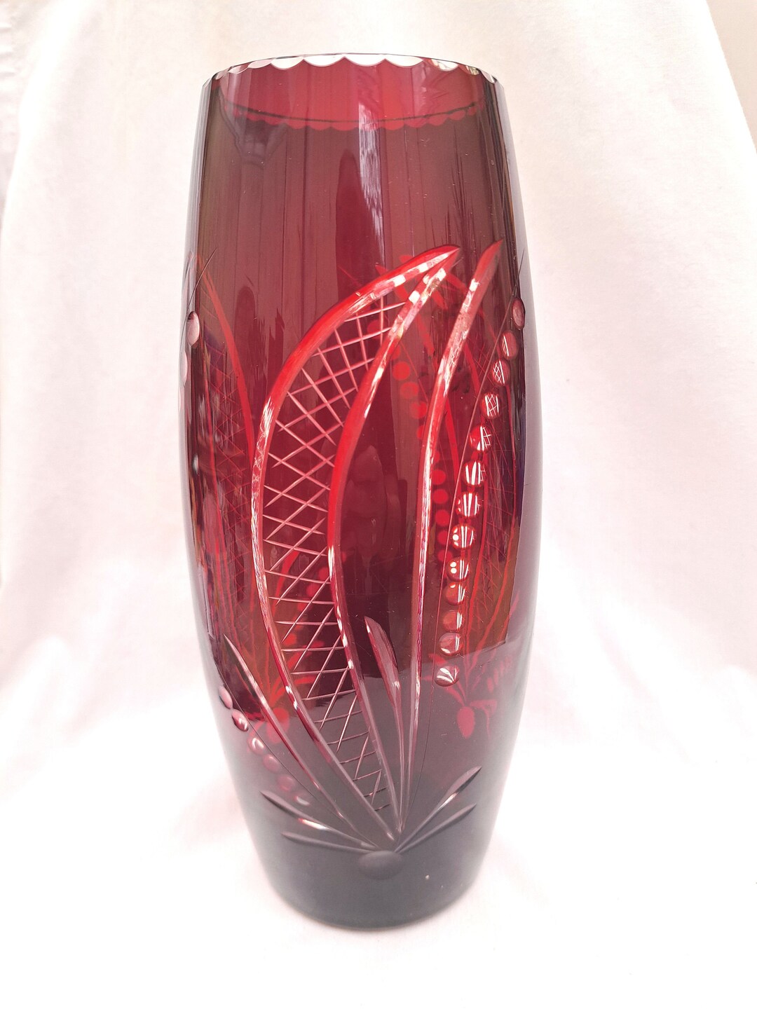 Vintage Ruby Crystal Glass Vase. Cut to Clear Spears and Lenses. Floral ...