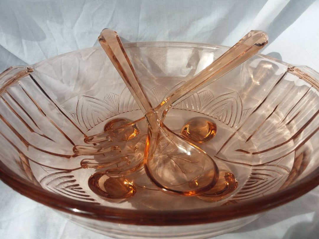 VERY RARE Czech Art Deco Stolzle Pressed Glass Salad Bowl in Rose Pink ...