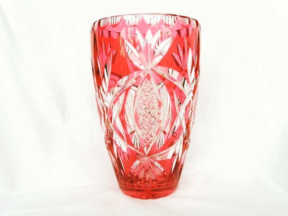 Vintage Bohemian ruby crystal glass vase. cut to clear. deep | Etsy