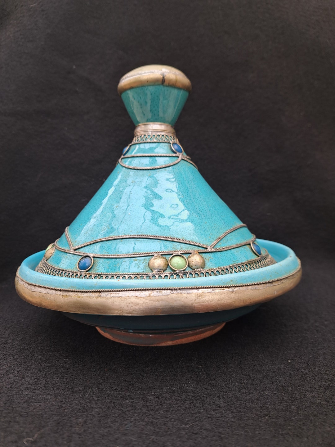Vintage Moroccan Clay Tagine. Hand Made. Decorated With Blue Glaze and ...