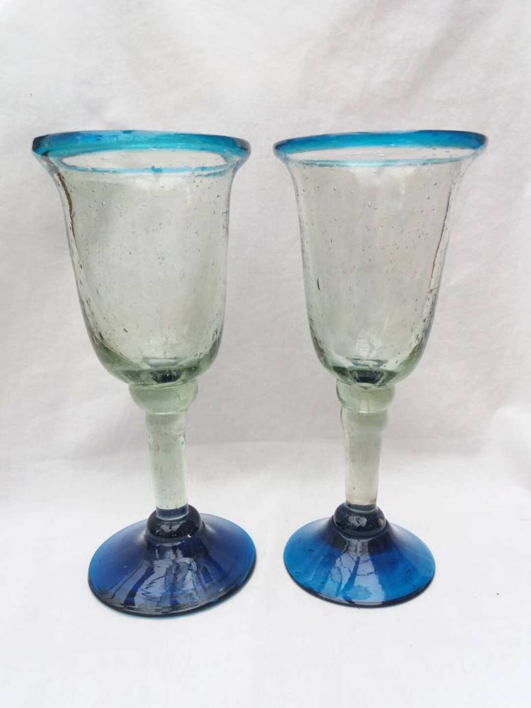 Vintage Mexican Wine Goblets. Recycled Glass Handmade Blue Glass. Large ...