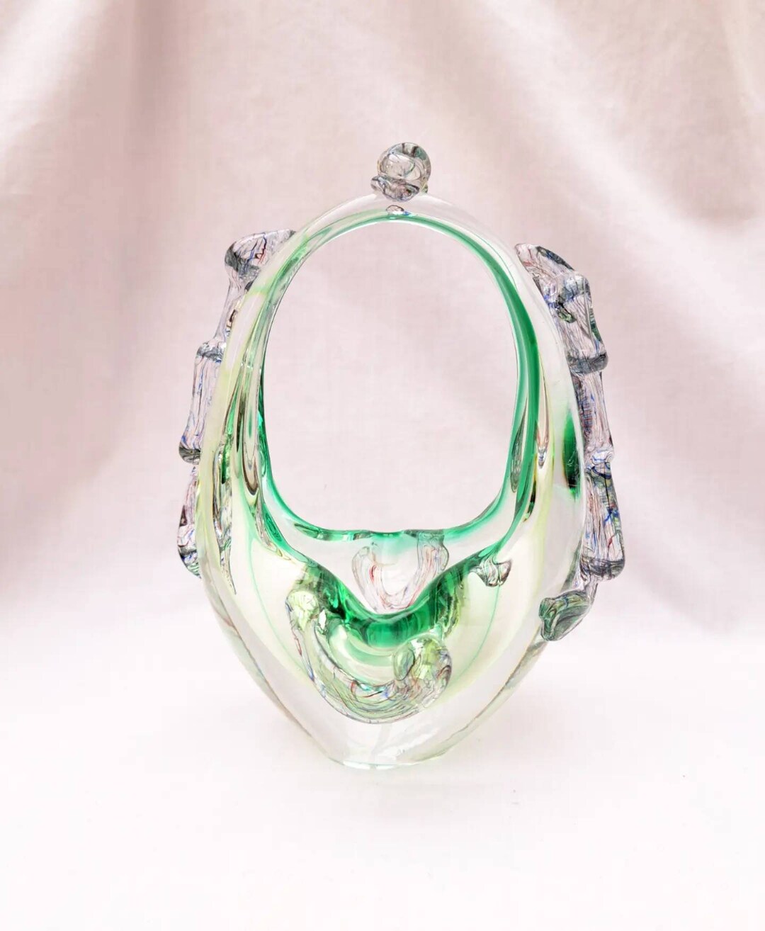 Vintage Romanian Glass Basket Bowl. Green Sommerso. Frilled. Mid ...