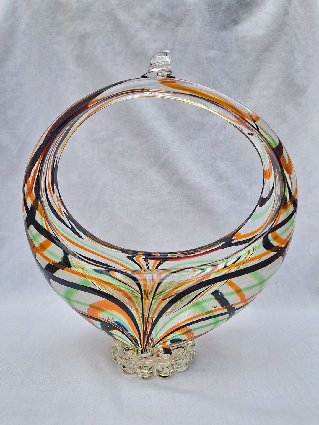 Vintage Romanian Glass Basket Bowl. Green Ornage and Black Canes ...