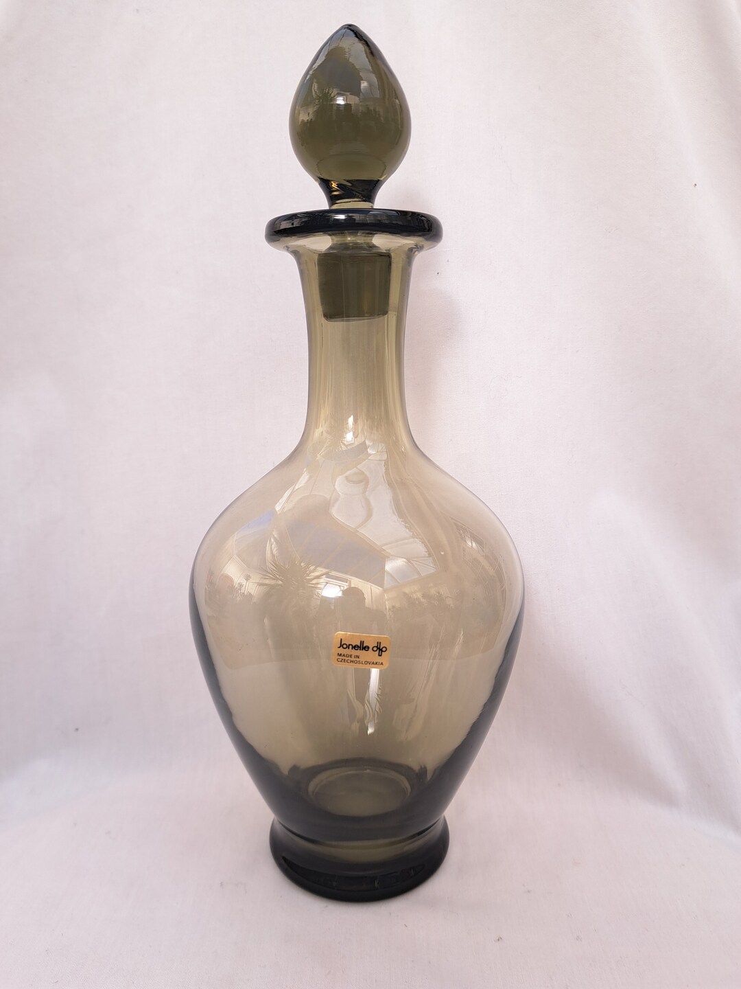 Vintage Czech Glass Decanter. Smoky Green Glass. Jonelle Glass Label ...