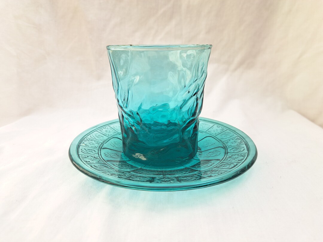 Vintage Turquoise Glass Snack Set. Tumbler and Side Plate. (marriage ...