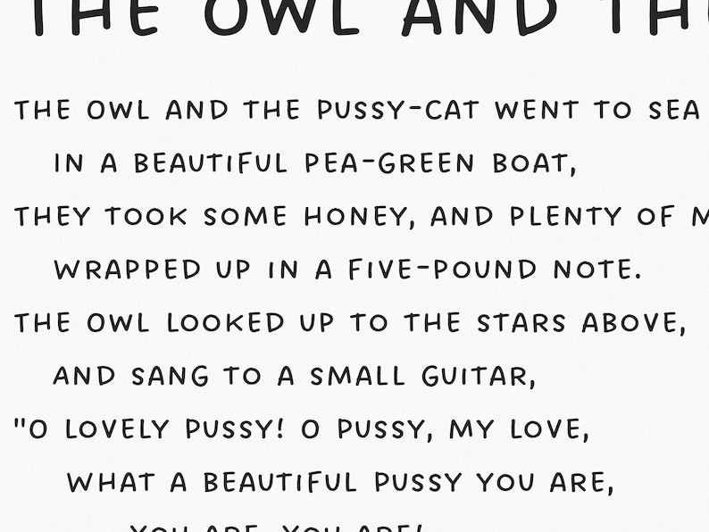 The Owl and the Pussycat Poem by Edward Lear Printable, Nursery Rhyme ...