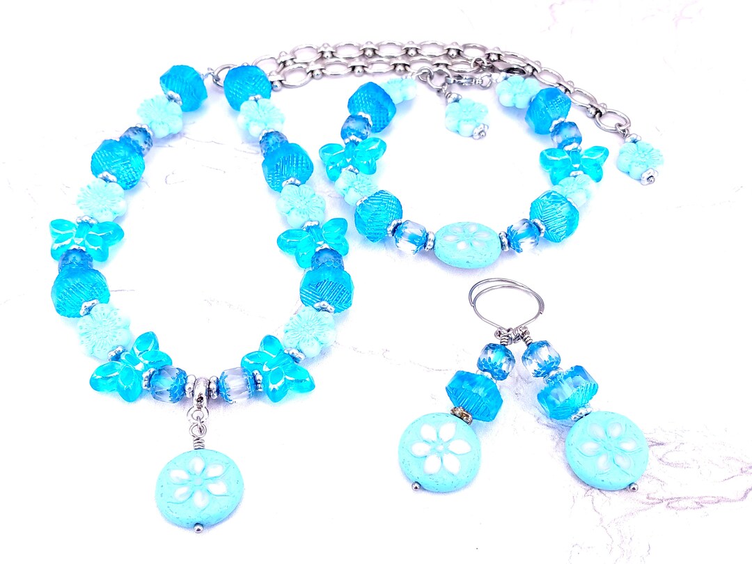 Deep Aqua & Powder Blue Butterfly and Plumeria 3 Piece Jewelry Set ...