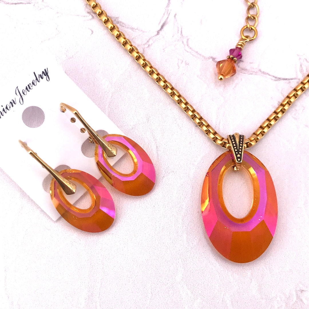Swarovski Astral Pink Helios Crystal Necklace, Orange Oval Ring, Gold ...