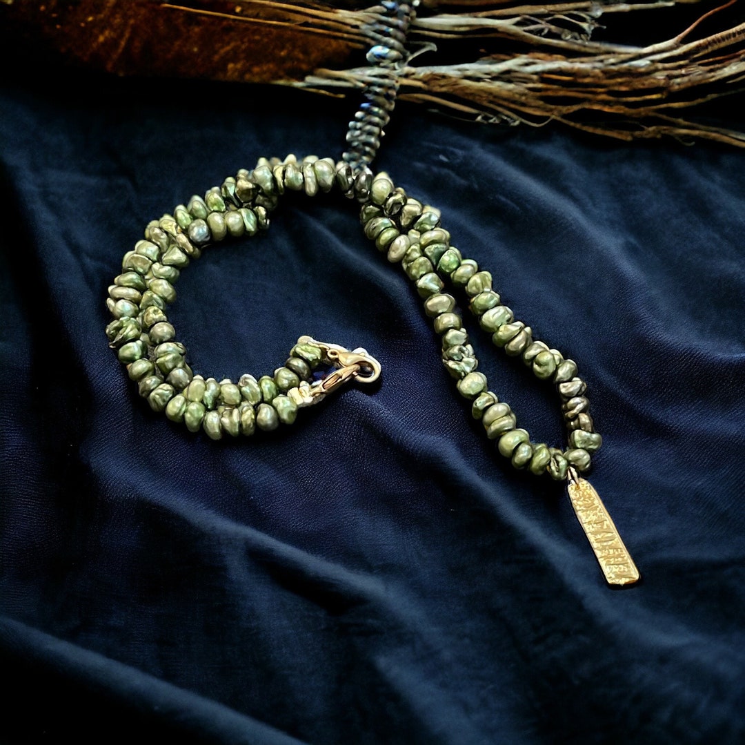 1416. Green Keshi Pearl Necklace With Vintage/italian Hammered Gold ...